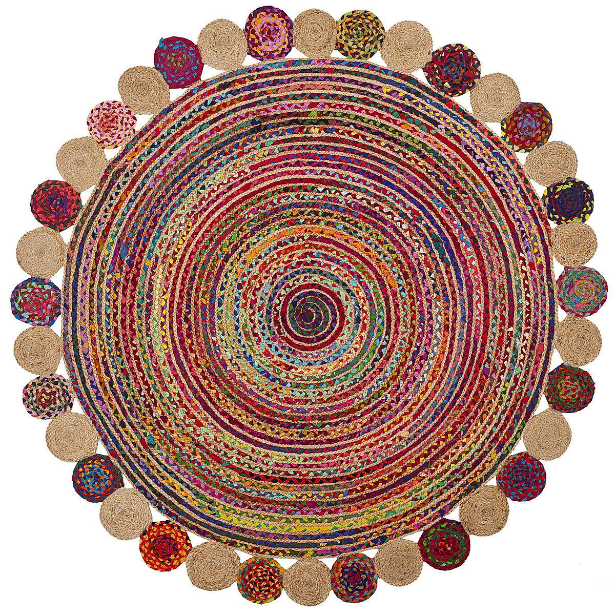 SAFAVIEH Cape Cod Collection 3' Round Red / Multi CAP201A Handmade Boho Braided Jute & Cotton Area Rug