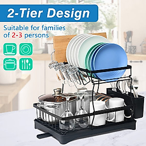 JUPELI Dish Drying Rack, 2 Tier Dish Racks for Kitchen Counter, Large Dish Drainer Strainer Dryer Tray Set, Kitchen Gadgets with Drainboard | Utensil | Cutting-Board Holder, Kitchen Organization Decor