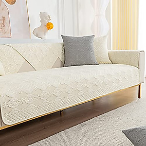 vctops Vintage Embroidered Cotton Sofa Couch Covers Soft Quilted Sectional Couch Cover Non Slip Sofa Slipcover for Dogs, Children, Pets Furniture Protector (Cream,36"x82")