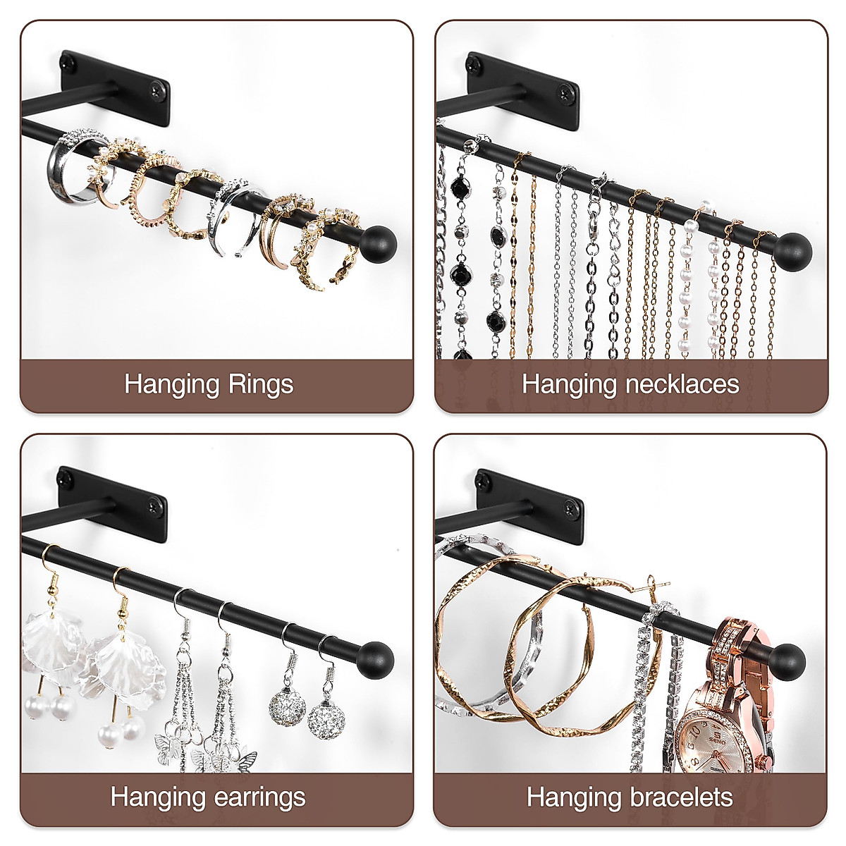 Josmimic Wall Hanging Jewelry Organizer: 13.7'' Necklace Holder for Earring, Bracelet, Rings, Hairband, Glasses, Black 2-Pack, Screws Included