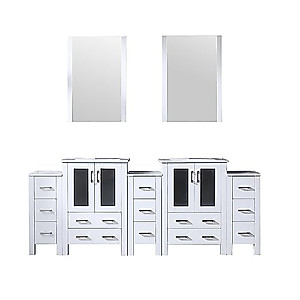 Lexora Volez 84 in W x 18.25 in D White Double Bath Vanity with Side Cabinets, White Ceramic Top and 22 in Mirrors