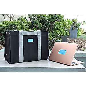 Premium Canvas Tote Bag (16Wx12H x7D) Pancake Mini Folds Flat, Slip-in Pockets, Removable Base, Anti-Theft Pocket