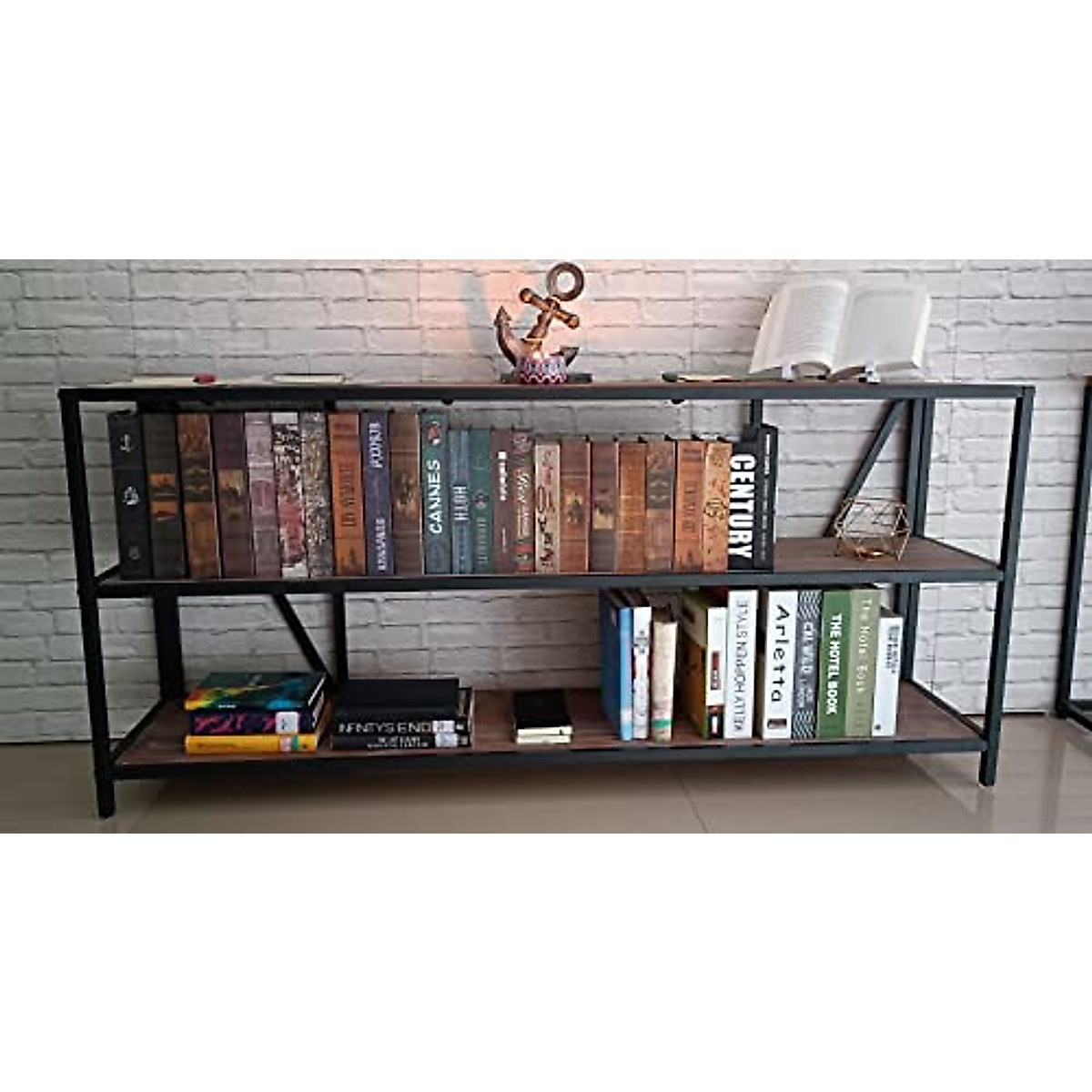 Industrial Bookshelf 3 Shelf Bookcase,Rustic Farmhouse Book Shelves,Solid Wood Three Tier Open Bookcase ,Industrial Wood and Black Metal Bookshelves, Industrial Bookshelf for Living Room Home Office