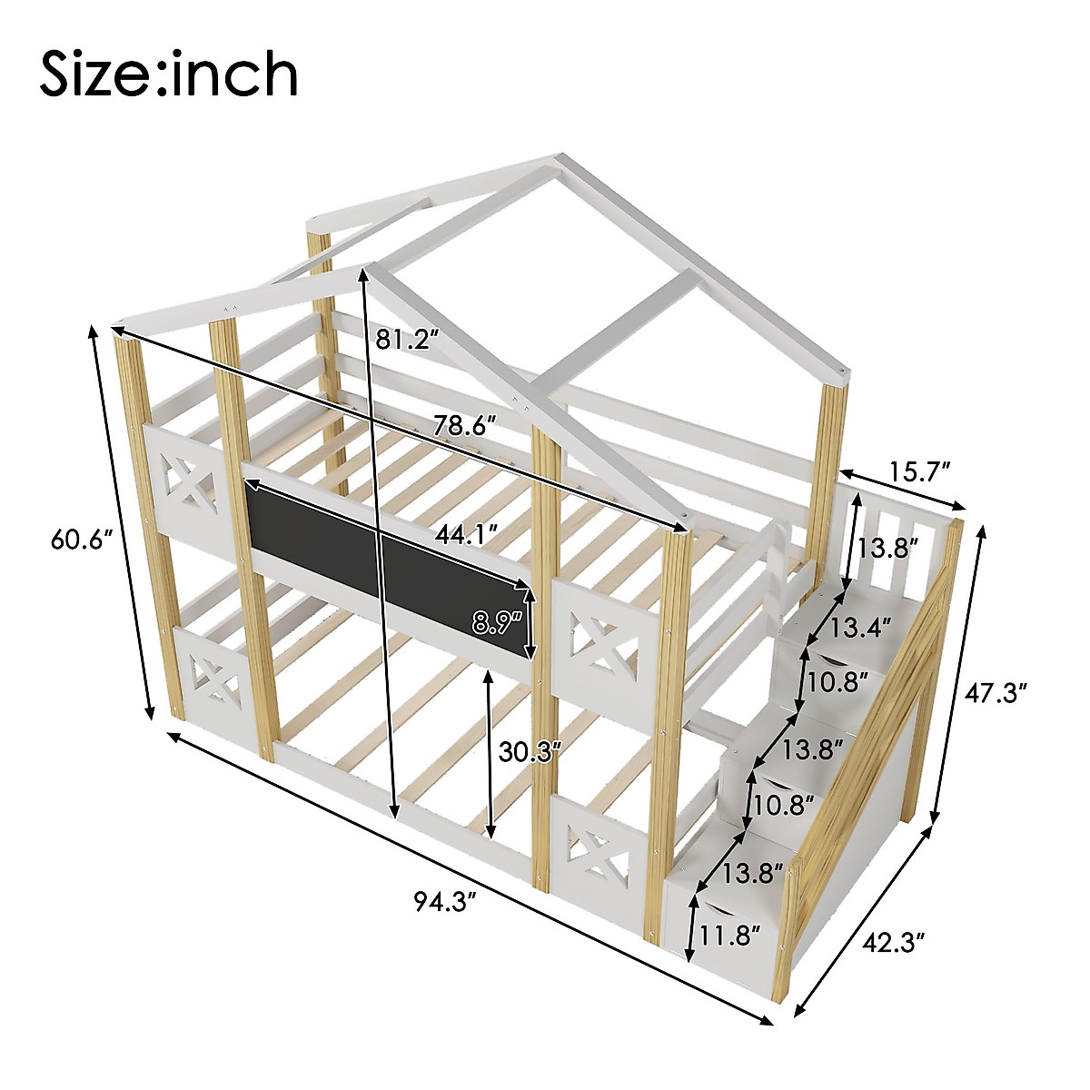 Harper & Bright Designs Twin Over Twin Floor Bunk Bed with Stairs, Wood House Bunk Bed Frame with Storage Staircase and Blackboards, for Kids Girls Boys, White and Natural