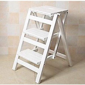 Folding Ladder Staircase Multi-Functional Folding Solid Wood Ladder Stool,Step Stool Household Muliti-Color Stool Step Ladder Foldable Stepladder,White,Three