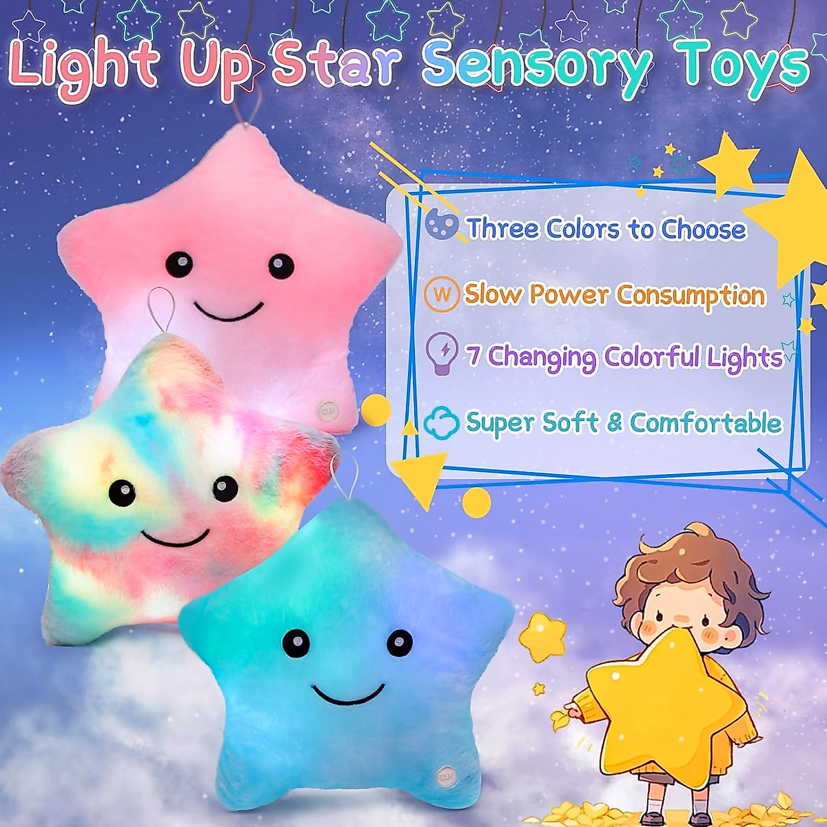 Subao Sensory Toys for Kids with Autism,14" Light Up Star Plush Toddler Pillow Soft Touch,Autism Sensory Toys,Stress Relief Kids Sleep Aid ADHD Toys,Birthday Xmas Gifts for Boys Girls Age 3-12 Pink