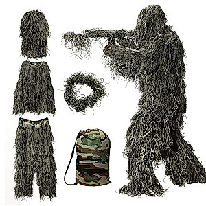 Ghillie Suit, 3D Camouflage Hunting Apparel Including Jacket, Pants, Hood, Carry Bag, Camo Hunting Clothes for Men, Hunters, Military, Sniper Airsoft, Paintball (Medium or Large, Woodland)