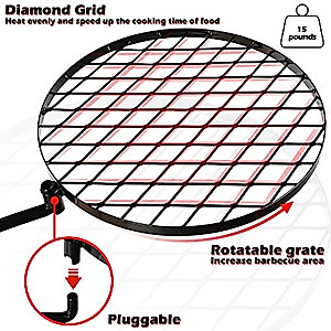 OKL Adjustable Swivel Campfire Grill Grate, Portable Heavy Duty Steel Go Open Fire Cooking Camping Grill Barbecue with Water Bottle Support Frame for Griddle Plate BBQ (18 Inch)