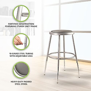 National Public Seating 6400 Series Heavy Duty 18 Inch Adjustable Height Steel Stool with Vinyl Padded Seat, Grey Frame and Legs