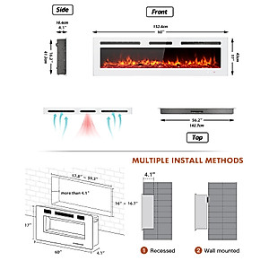 Ergosoft Extra-Thin Electric Fireplace 4inch Thickness, Wall-Mounted&Recessed Fireplace, Adjustable Flame and Heat with Remote Control and Touch Screen, 750-1500W, 60inch, White