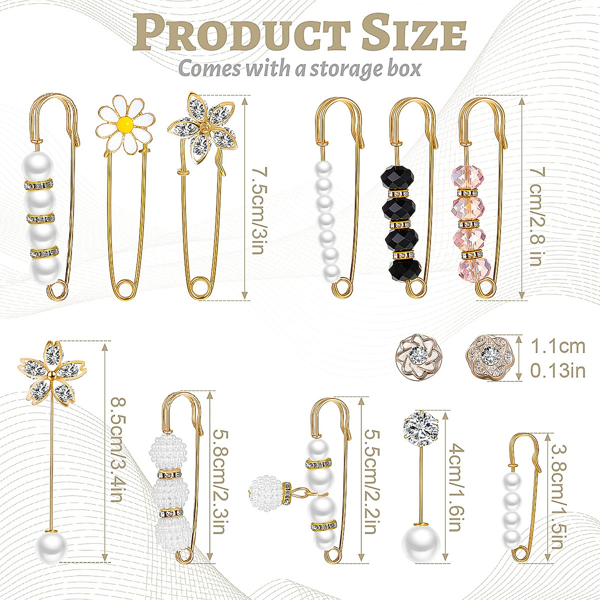 17 Pieces Pearl Brooch Pins Sweater Shawl Clips Faux Pearl Rhinestones Collar Safety Pin for Women Clothing Dresses Decoration Accessories with Storage Box(Classic Style)