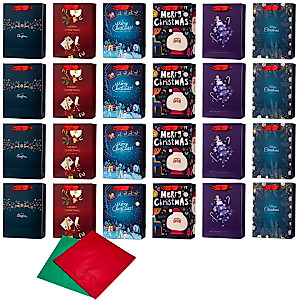 ARTLYMERS 24Pcs Small Christmas Gift Bags with Handles, Tissue Papers for Gift Wrapping, Bulk Kraft Paper Bags Assorted Christmas Prints for Xmas, Birthday, Holiday, Party Favor, Goody, Take-Out