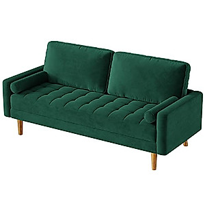 Vesgantti 58 inch Loveseat Sofa, 2 Seater Sofa for Small Space, Button Tufted Green Velvet Couch with 2 Pillows, Mid Century Modern Couch w/Armrest, Small Couches for Living Room, Bedroom, Apartment