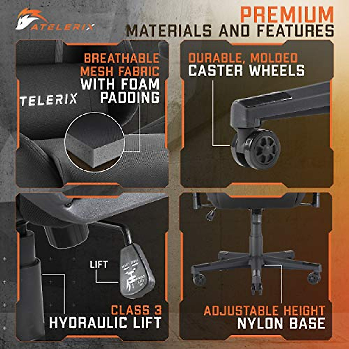 Atelerix Ventris Noir Gaming Chair - Use as Desk, Office or Computer - Tilting Mechanism and Ergonomic Adjustable Swivel Game Chair w/ 4D Armrests & Armrest Covers, Headrest and Lumbar Support