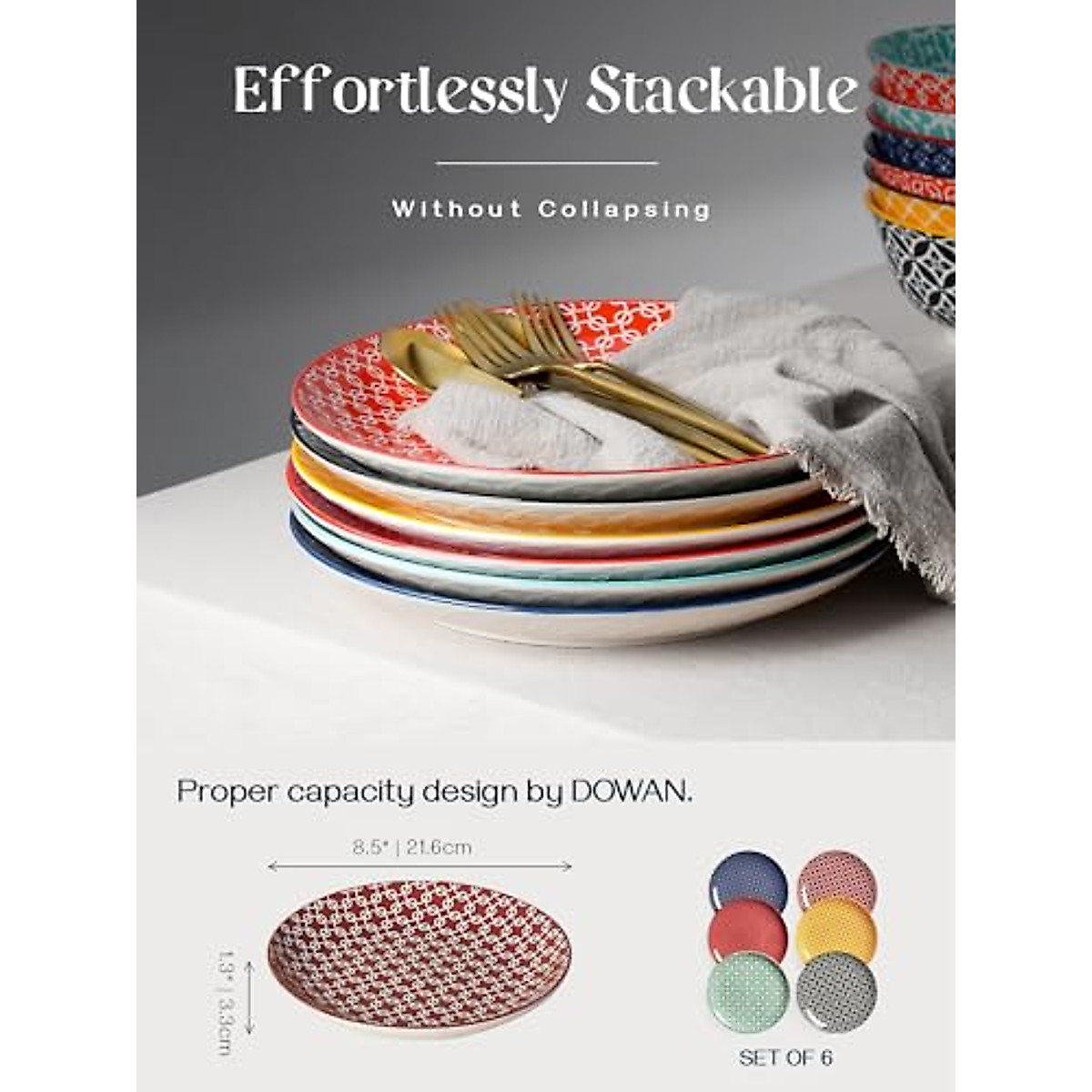 DOWAN 8.5" Dessert Plates - Colorful Ceramic Salad Plates, Easter Plates for Pasta, Dinner, Snack, Fruit, Party, Wedding - Dishwasher & Microwave Safe, Set of 6