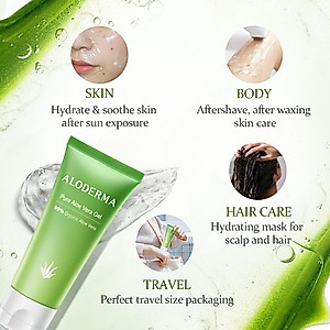 Aloderma 99% Organic Aloe Vera Gel Made within 12 Hours of Harvest, Refreshing Travel Size Aloe Vera Gel for Face & Body, Cooling, Soothing Instant Relief for Skin & Sunburn, Hydrating Aloe Gel, 1.5oz