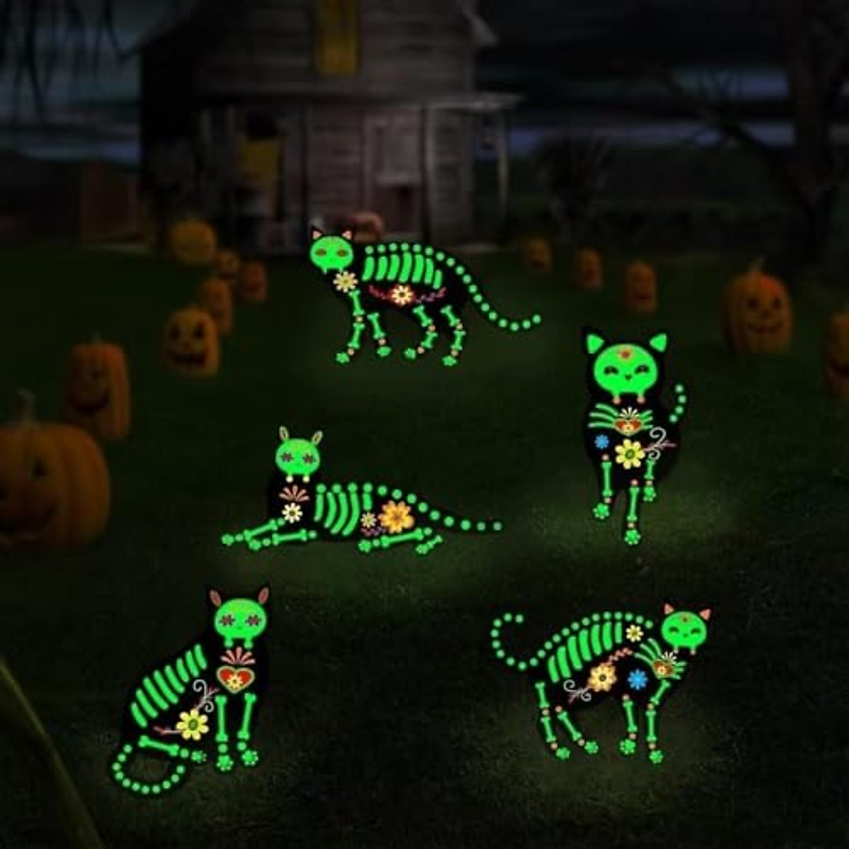 Halloween Decorations Outdoor Yard Signs, 5 Pcs Glow in the Dark Skeleton Cat, Halloween Yard Signs with Stakes for Lawn Garden Front Yard Decorations - Halloween Decor Outside