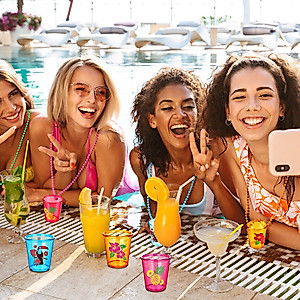 12 Pcs Hawaiian Luau Shot Glasses Bead Necklace Hawaiian Aloha Party Necklace Cups Flamingo Hibiscus Shot Glass Beaded Necklace Plastic Shot Glasses Necklace for Hawaiian, Summer Tiki Party Supplies