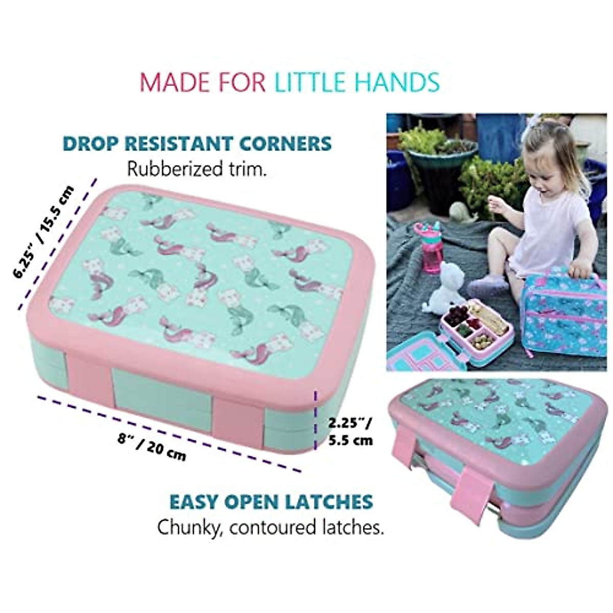 Bento Box with Stainless Steel Food Thermos for Hot Food or Soup, Insulated Lunch Bag, and Ice Pack Set for Kids Girl Toddlers. Ages 3 to 7 Pink Aqua Cat Mermaid