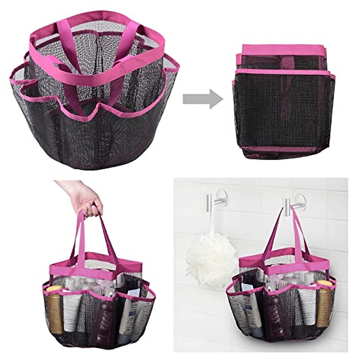 convinced8 Mesh Shower Caddy Basket, Mesh Totes-Shower Caddy Portable Bath & Toiletry Organizer-Bag with 8 Outer Pockets for College Dorm, Travel, Camping (Hot Pink, One Size)