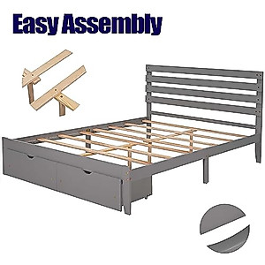 Novaris Queen Size Pine Platform Bed Frame with 2 Storage Drawers, Modern Classic Platform Bed with Headboard/Wood Slats Support/No Box Springs Needed for Bedroom Apartment Girls Boys (Queen, Gray)