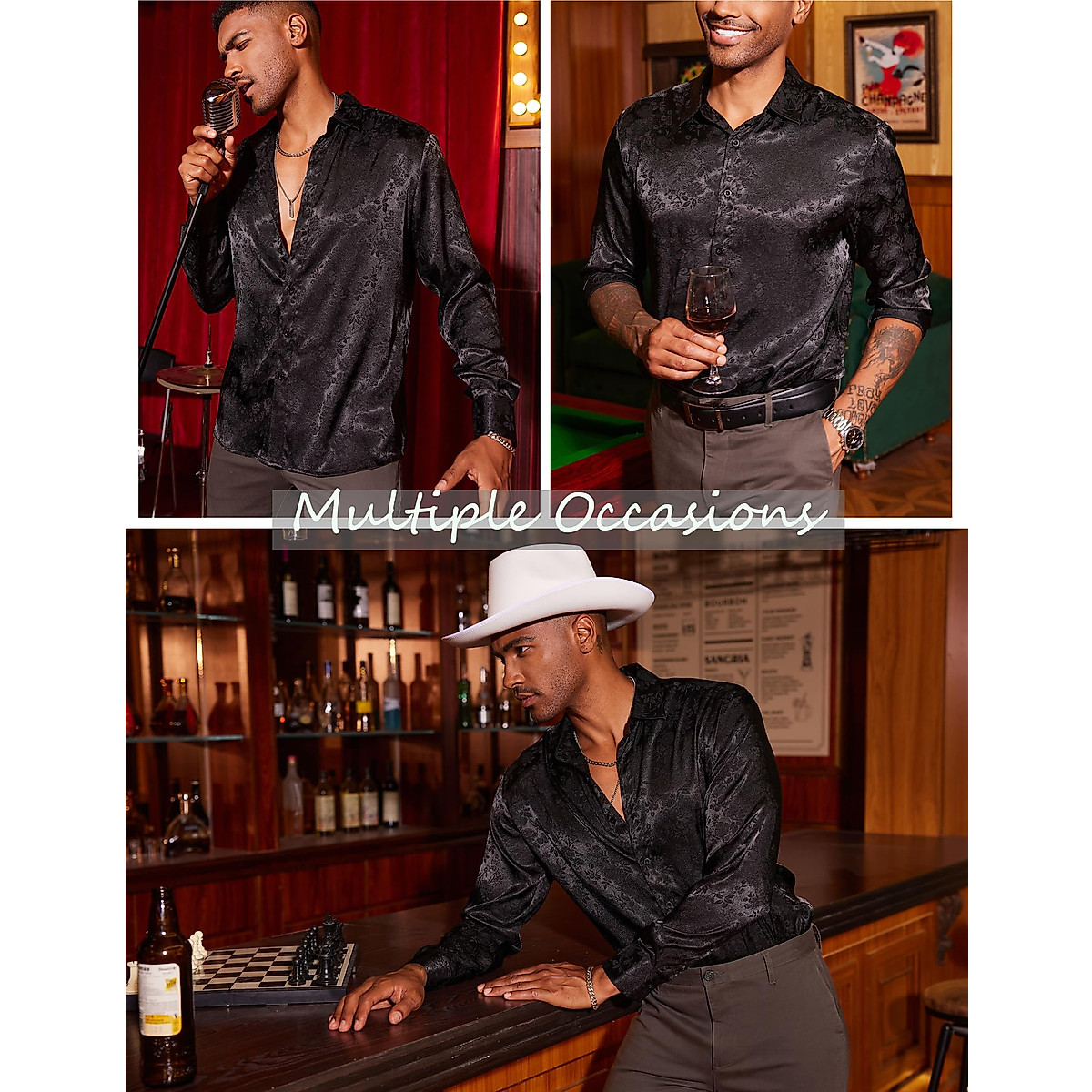 COOFANDY Mens Floral Rose Printed Long Sleeve Dress Shirts Prom Wedding Party Button Down Shirts (Black)