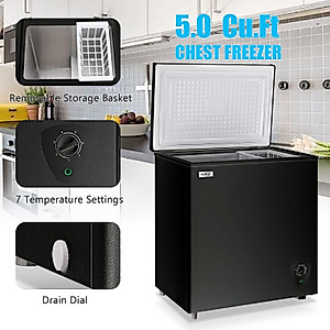 Chest Freezer 5.0 Cu.Ft Small Deep Freezer Black Top Door Mini Freezer with Removable Basket, Low Noise, 7 Adjustable Temperature and Energy Saving Perfect for Home Garage Basement Dorm or Apartment