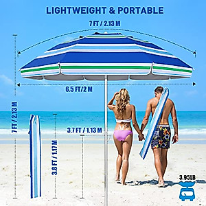 Beach Umbrella for Sand Wind Portable: 7FT Arc Length 6.5FT Diameter Heavy Duty Wind Resistant Striped Large Umbrellas UV 50+ Parasol with Anchor Screw Adjustable Height Tilting Pole 8 Ribs Carry Bag Lightweight