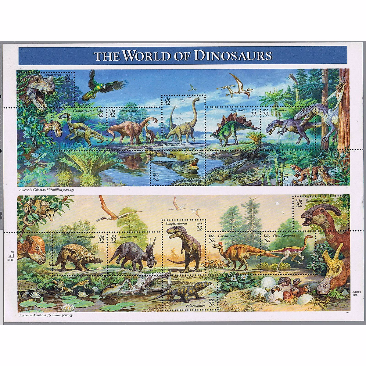1997 The World of Dinosaurs Sheet of Fifteen 32 Cent Postage Stamps Scott 3136 By USPS