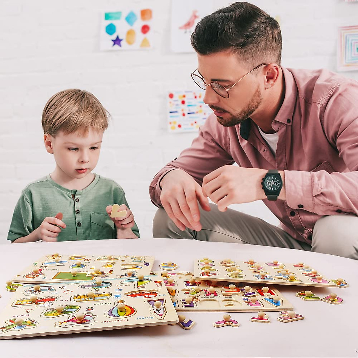 Wooden Peg Puzzles for Toddlers, 3 Pack Ocean Transportation Fruit Puzzles for Kids 1-3 Years Old, Early Educational Preschool Learning Puzzles Toys for Boys and Girls Ages 1 2 3 4 5