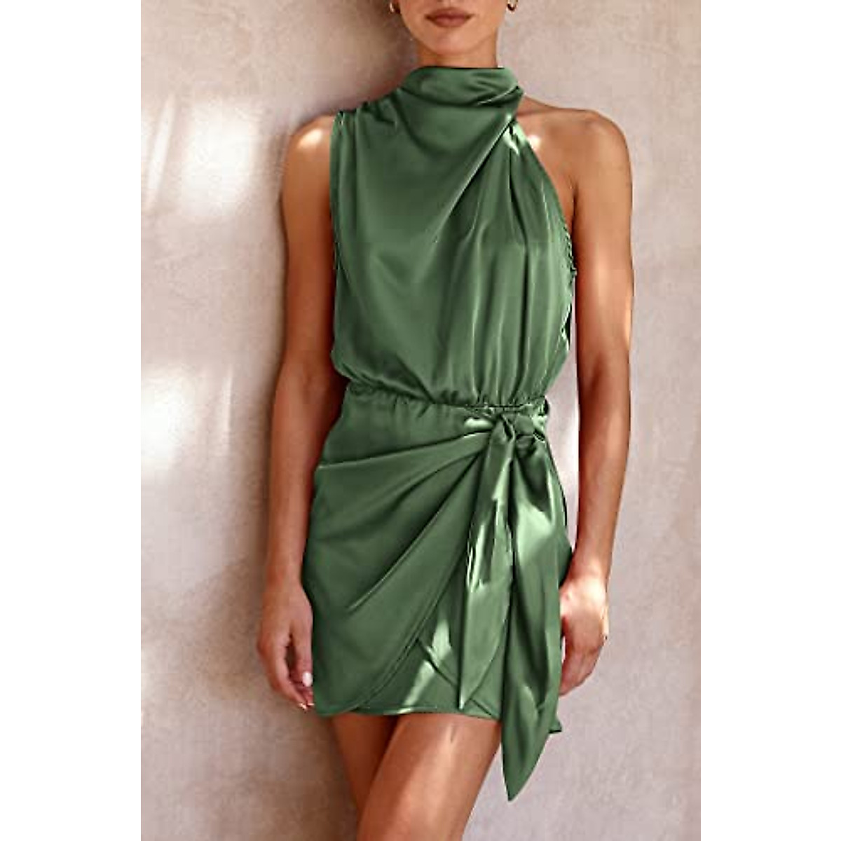 PRETTYGARDEN Women's Short Formal Satin Dress 2023 Summer Sleeveless Mock Neck Tie Waist Cocktail Party Dresses (Army Green,Small)