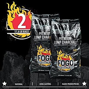 FOGO Premium Hardwood Lump Charcoal, Natural, Medium and Small Sized Lump Charcoal for Grilling and Smoking, Restaurant Quality, 17.6 Pound Bag, 2-Pack