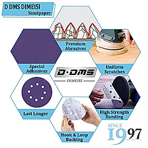 Q22T - 5 Inch 8 Hole Hook and Loop Sanding Discs - 3 Each of 80 120 180 220 240 320 Grit Sandpaper Discs - Purple Film Orbital Sander Pads for Automative - D DMS DIMEISI