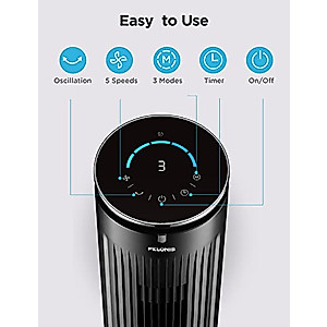 PELONIS 42’’ Oscillating Tower Fan with Aromatherapy Diffuser, Remote Control, 5 Speed Settings with 3 Modes LED Display for Bedroom Home Office Use, Black
