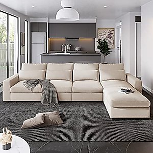 Deep Seat Down Feather Filled Modular Upholstered Sectional Sofa Couch with 4 Waist Pillows for Home Office Apartment Living Room,L-Shaped Corner Sofa & Couch Movable Ottoman/Chaise