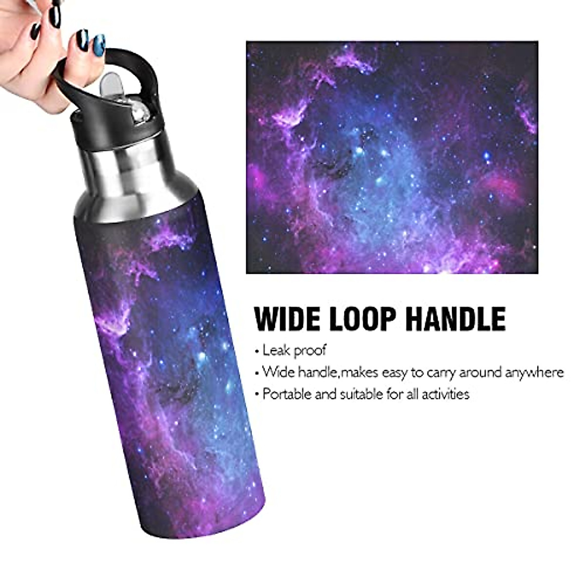 senya Water Bottle Handle Straw Lid, Universe Galaxy Nebula Space Vacuum Insulated Stainless Steel Thermos Water Bottle Leak Proof Sports Coffee Maker Cup