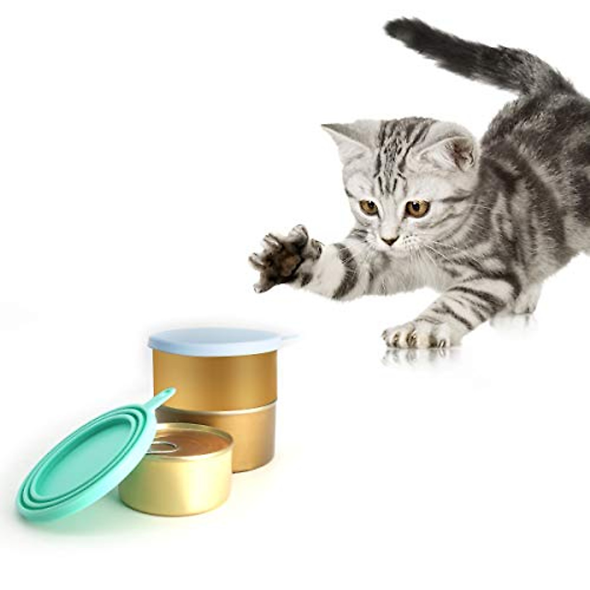 SLSON 2 Pack Pet Food Can Cover Universal Silicone Cat Dog Food Can Lids 1 Fit 3 Standard Size Can Tops with 2 Spoons,Light Blue and Green