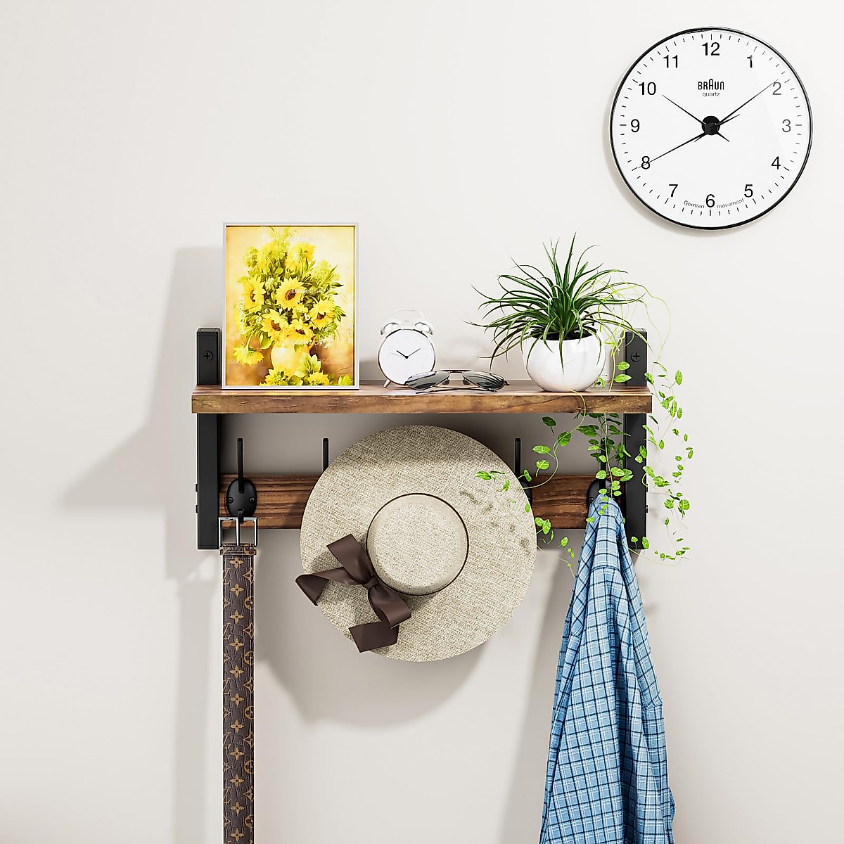 VITVITI Coat Rack Wall Mount with Shelf, Wood Entryway Coat Hanger with 5 Metal Hooks, Farmhouse Hat Coat Rack for Wall Living Room/Bathroom/Kitchen, Rustic Brwon