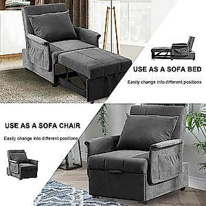 Oprisen Sleeper Chair Bed 3-in-1 Convertible Chair Bed Pull Out Sofa Bed w/Adjustable Backrest Tufted Fabric Chaise Lounge Sofa Bed Couch for Small Space w/Side Pockets (Fabric-Gray)