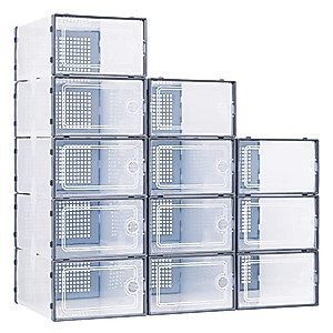 MecTo Shoe Organizer 12 Pack Clear Plastic Shoe Storage Foldable Stackable Closet Shoe Organizer Front Opening Shoe Storage Boxes Space Saving Sneaker Shoe Organizer for Closet Bedroom Multi-use