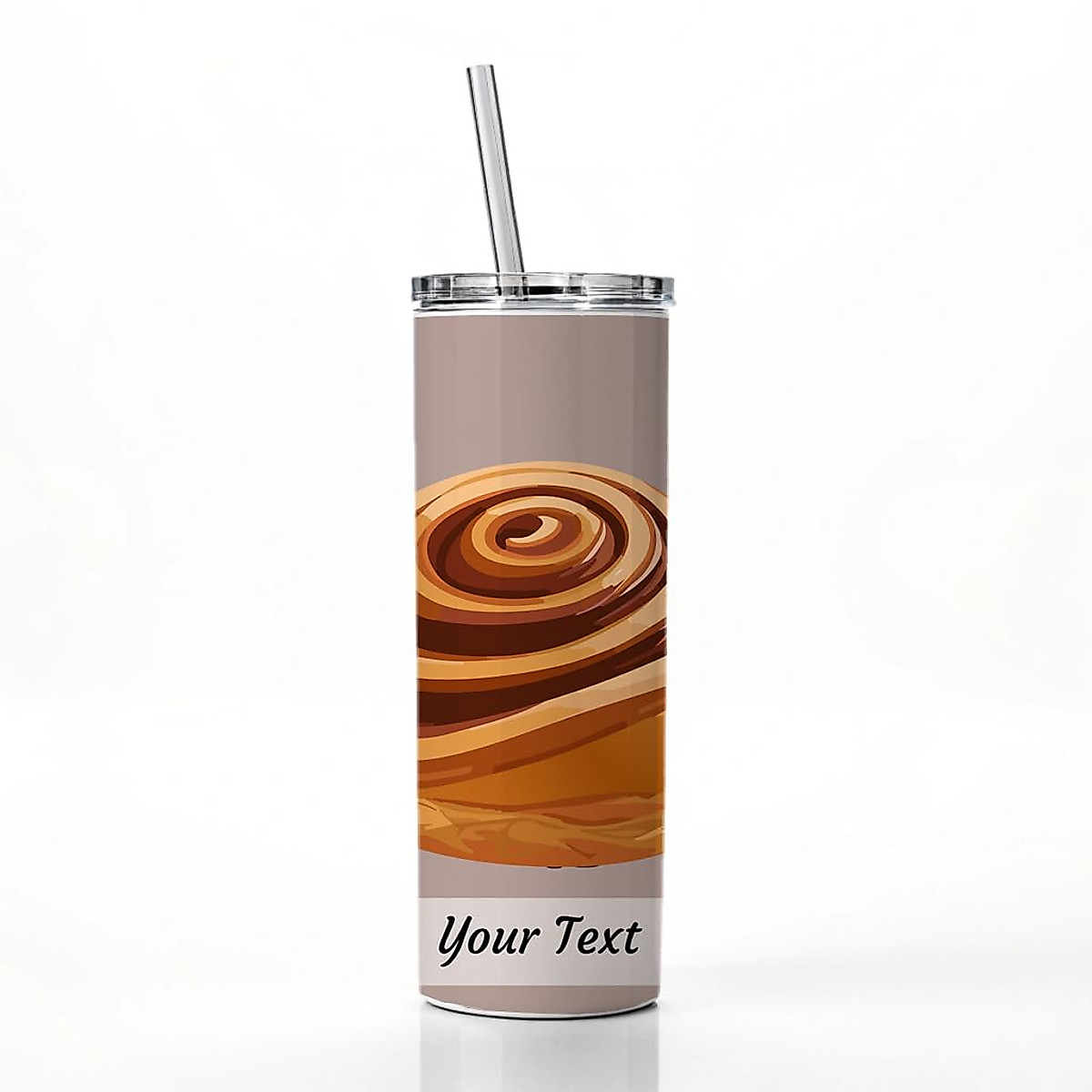Personalized Custom Name Text Cinnamon Roll Bun Skinny Tumbler 20oz with Straw Insulated Water Bottle Gift - 1 Line Horizontal