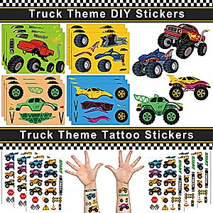 Monster Truck Party Favors Set 72 PCS Truck Theme Slap Bracelets Keychains Tattoo Stickers DIY Stickers Drinking Straws Party Gift Bags for Kids Boys Birthday Party Supplies