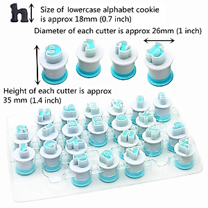 Small Letter Stamp Cookie Cutters Set of 26 pcs, Mini Lowercase Alphabet Spring Stamping Cutters Food Grade Plastic Direct Embossing Fondant Stamper Set for Cake Pastry Baking DIY (White & Blue)