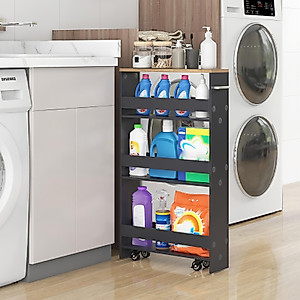 IFANNY Slim Storage Cart, 4-Tier Rolling Cart with Handle, Laundry Cart Between Washer and Dryer, Wood Spice Rack Next to Fridge, Narrow Shelving Unit for Kitchen, Bathroom, Small Spaces (Gray)