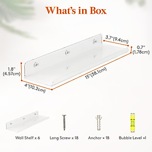 Lifewit Floating Shelves for Wall, 6 Pack 15" Clear Acrylic Shelf Room Decor for Book/Figures/Photo/Makeup in Bathroom, Book Shelf, Living Room, Bedroom, Kitchen Storage and Organization