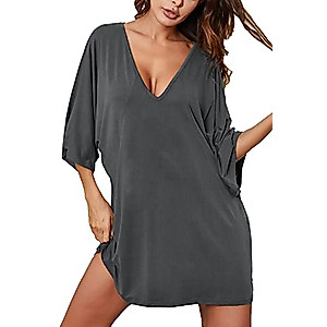 Ekouaer Deep V Neck Sleepshirt Sexy Cotton Nightshirt For Women, Gray, Large