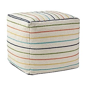 Beige Multi Stripe Outdoor Pouf Ottoman, Patio Ottoman, Footstool, Outdoor Patio Accent Decor, Patio Furniture
