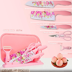VSIAISV Kitchen Knife Set, Pink Flower 7-pieces Stainless Steel Sharp Chef Cooking Non-slip Knife Set with Acrylic Stand & Block, Non-stick Colorful Coating for Women and family (Pink)