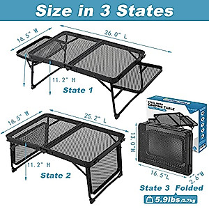 SKIKEN Small Low Camping Table with Wing Panels, Folding Low Picnic Table, Sturdy Steel Mesh Outdoor Table, Waterproof and Heat Resistant, Aluminum (3ft, Black)