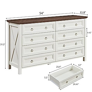 8 Drawer Dresser for Bedroom, 54" Farmhouse Dresser, Rustic Chest of Drawers, White Dresser with Barn Design, Thickened Tabletop & Round Bronze Handles, Wood Dresser for Closet, Bedroom Dressers